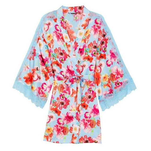 Victoria's Secret Blue Blossom Floral Satin Kimono Lace Inset Robe ...