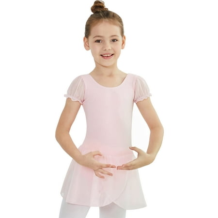 MdnMd Pink girls Puff Sleeve Dance Ballet Leotard with Tutu Skirt ...