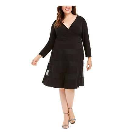 R&M RICHARDS Womens Black Long Sleeve V Neck Knee Length Cocktail Shift ...