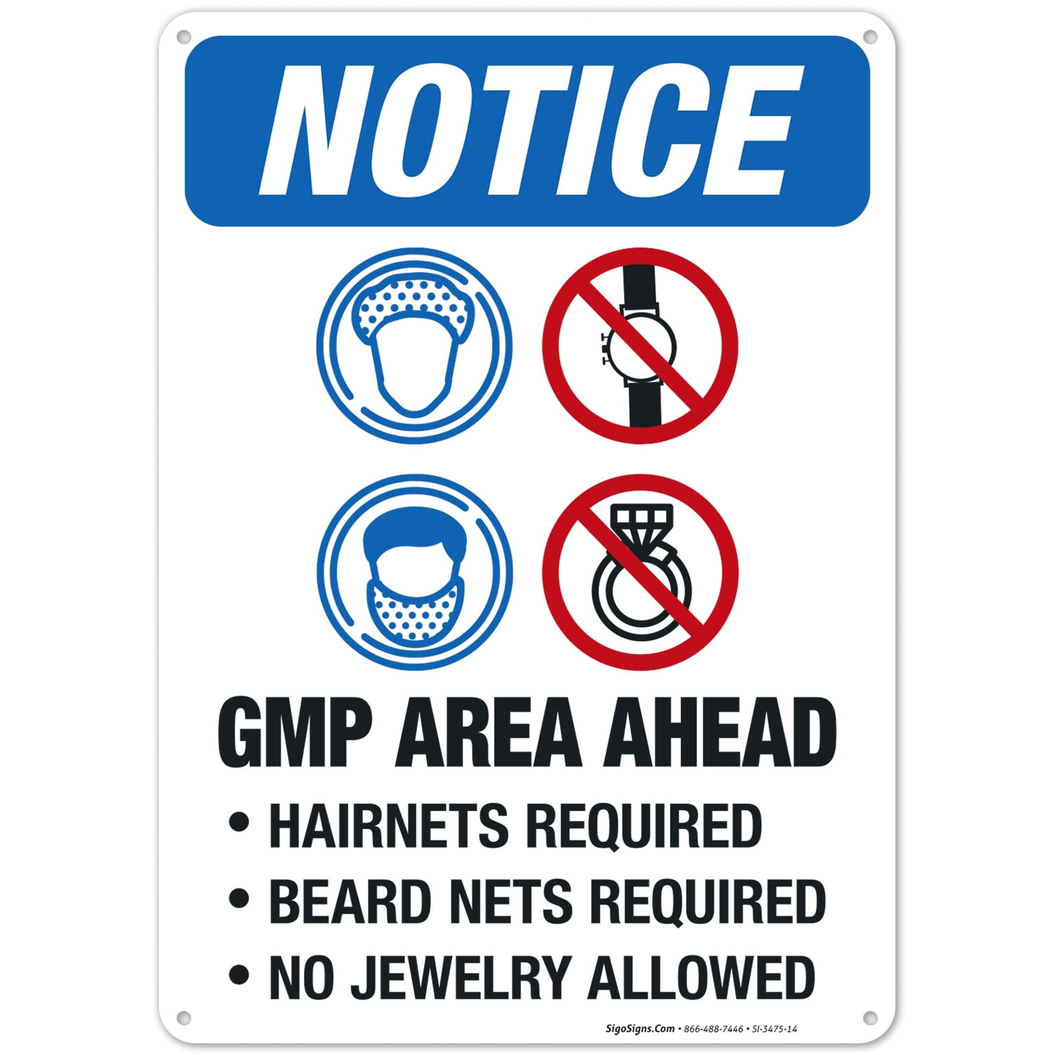 GMP Area Ahead Hairnets, Beard Nets Required No Jewelry Allowed Sign ...