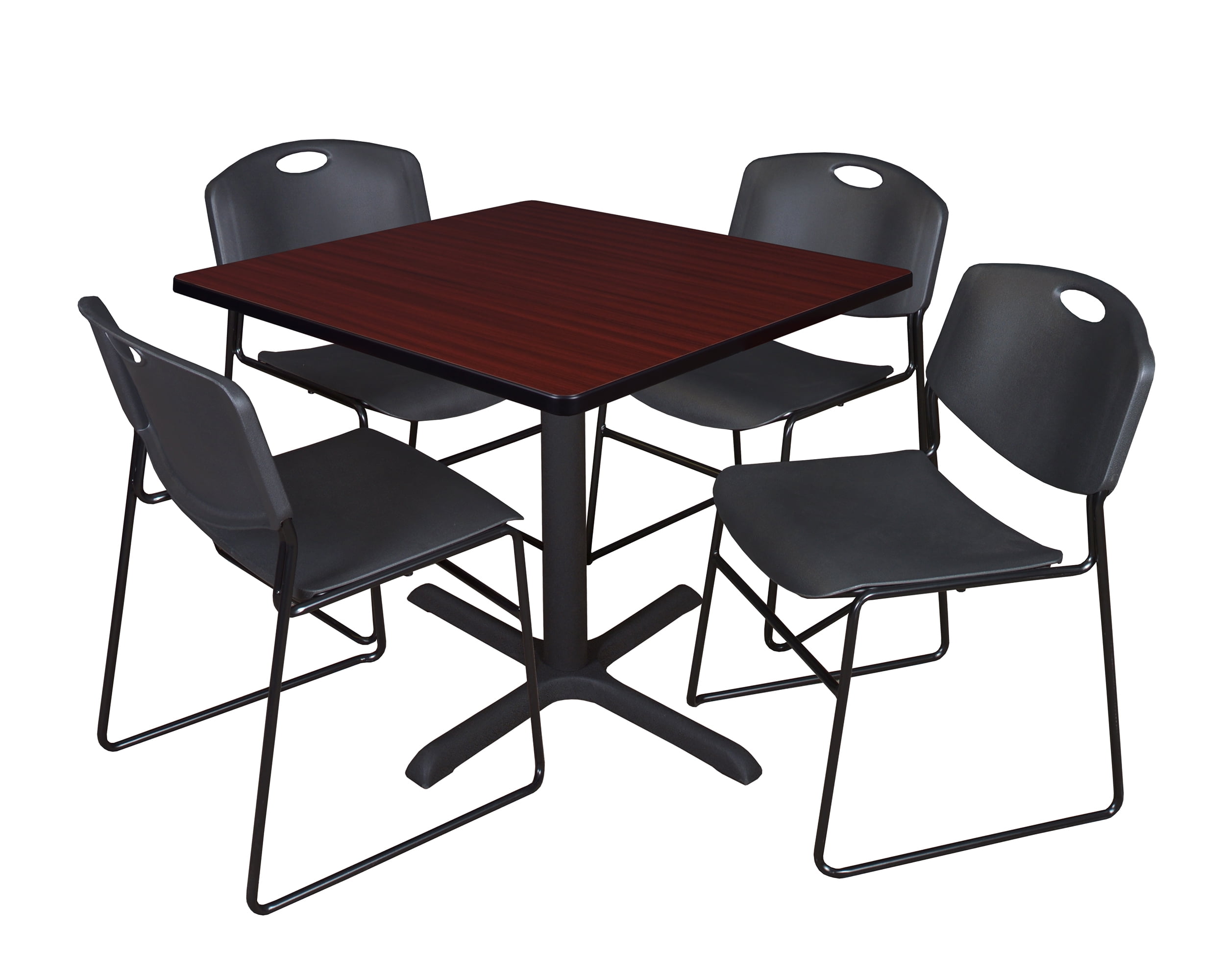 Cain 42" Square Breakroom Table- Mahogany & 4 Zeng Stack Chairs- Black ...
