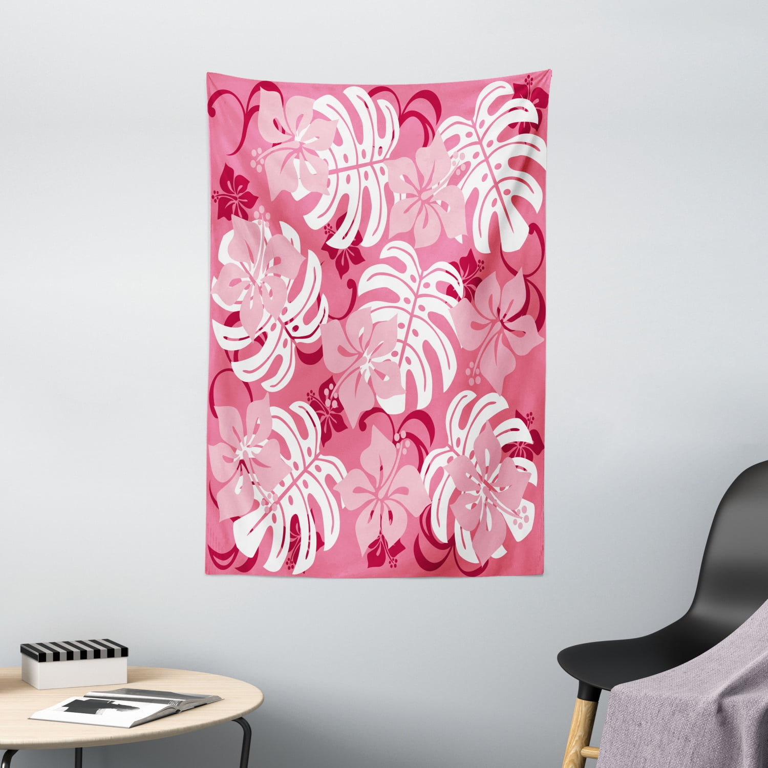 Luau Tapestry, Hibiscus Flower with Monstera Leaves Rainforest Plants ...
