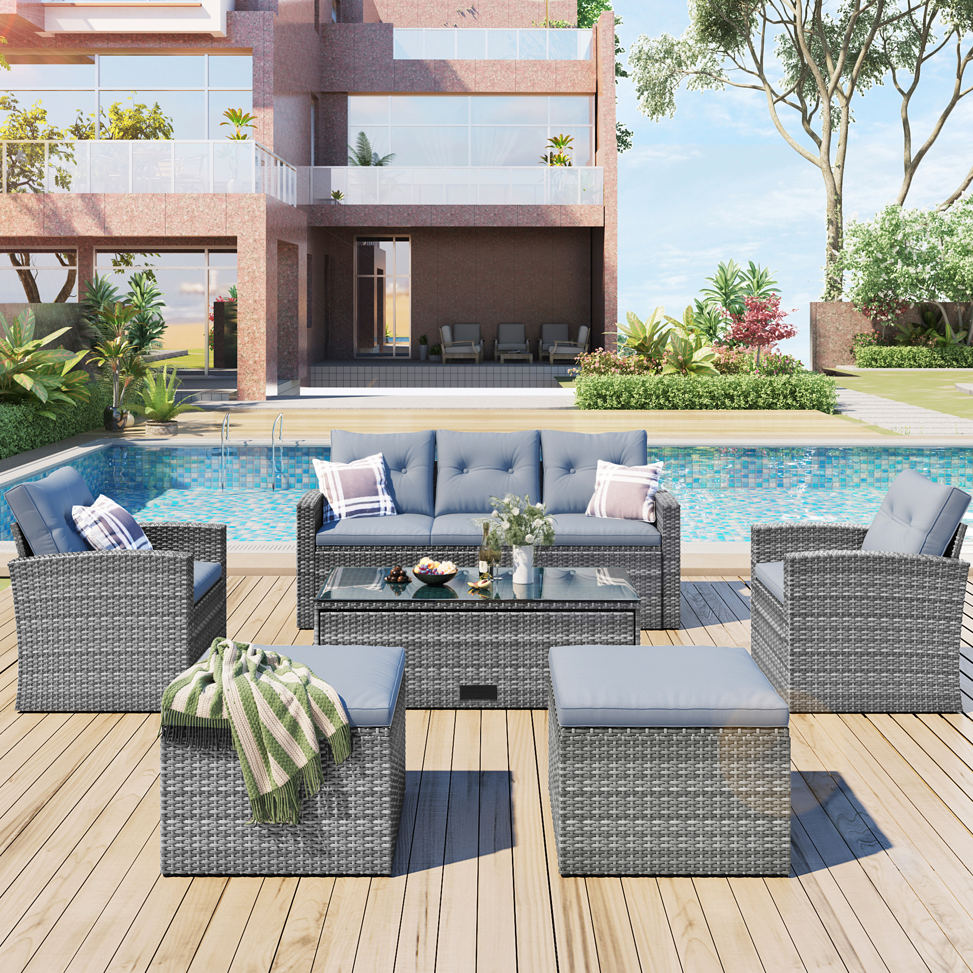 PUDO 5 Piece Small Patio Furniture Conversation Rattan Wicker Outdoor ...