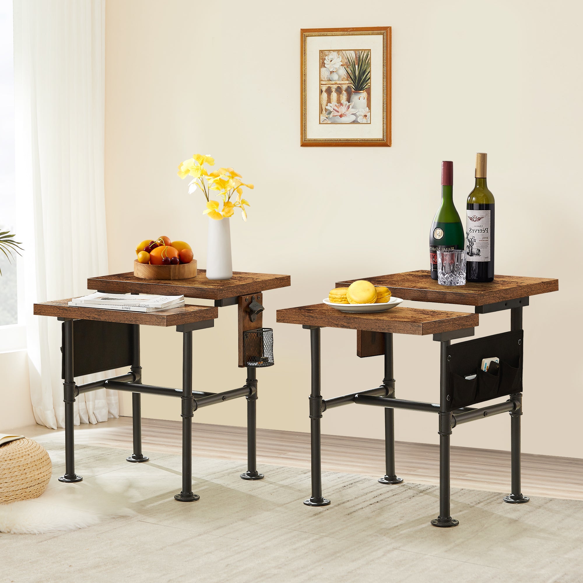 VECELO Set of 2 Square Snack End Table with Storage Fabric Bag and ...