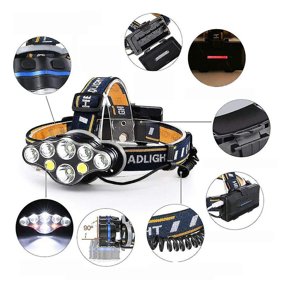 Headlamp, Usb Headlamp 8000 Lumens 8 Led 8 Modes With Red Warning Light ...