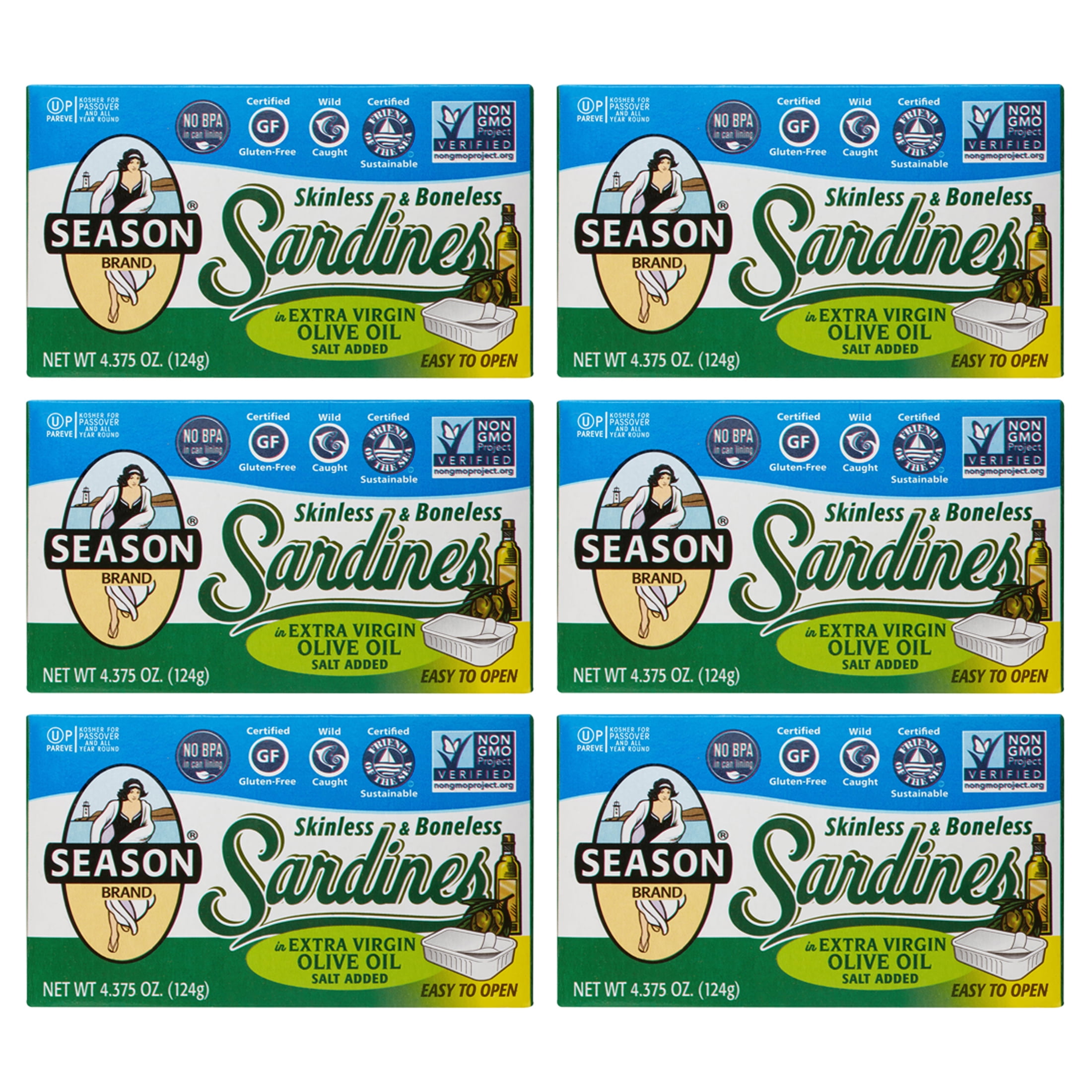 (6 pack) Season Brand Sardines, Skinless & Boneless, in Extra Virgin ...