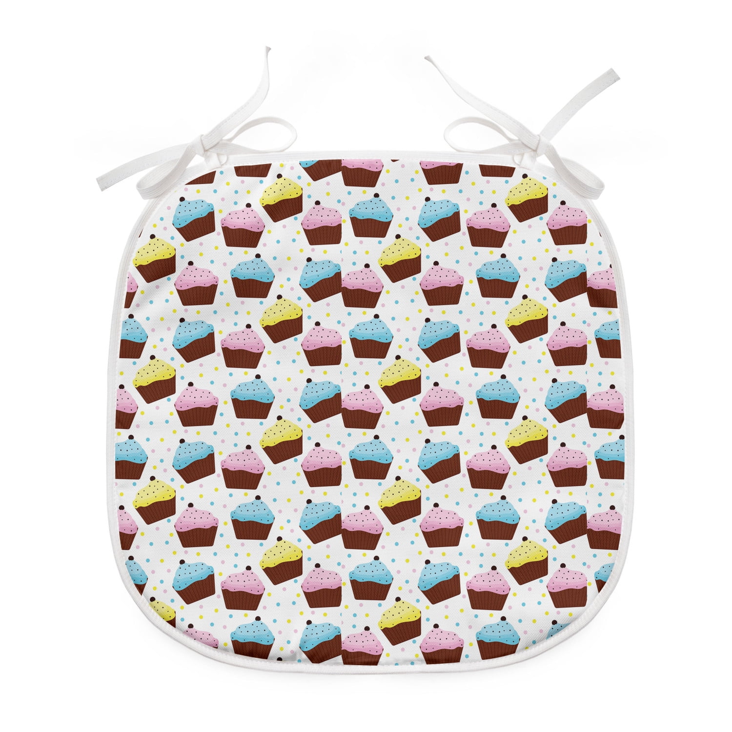 Cupcake Dining Chair Pad, Celebration Cakes on Polka Dots with Various ...