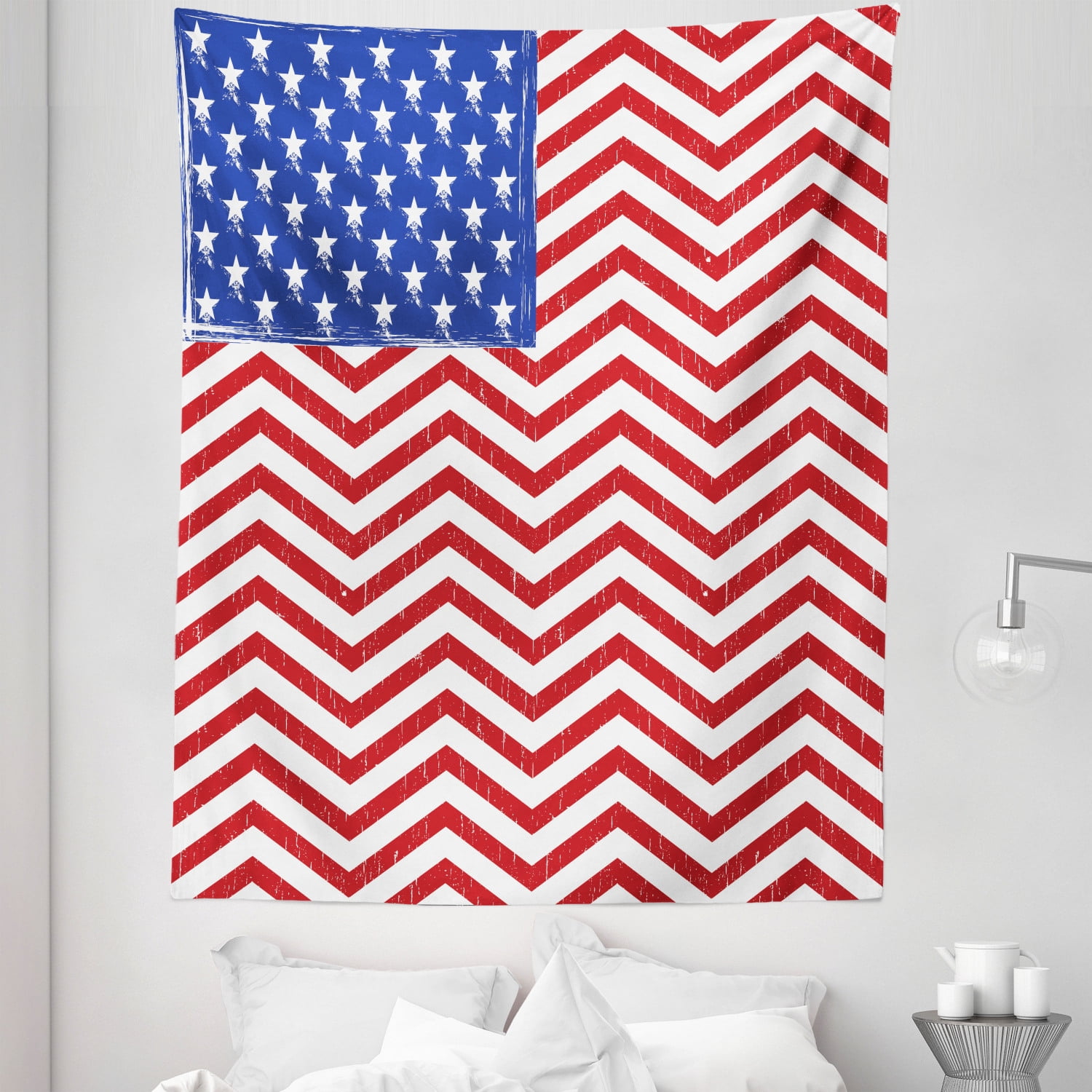USA Tapestry, National Flag with Grunge Design and Stars Zigzags ...