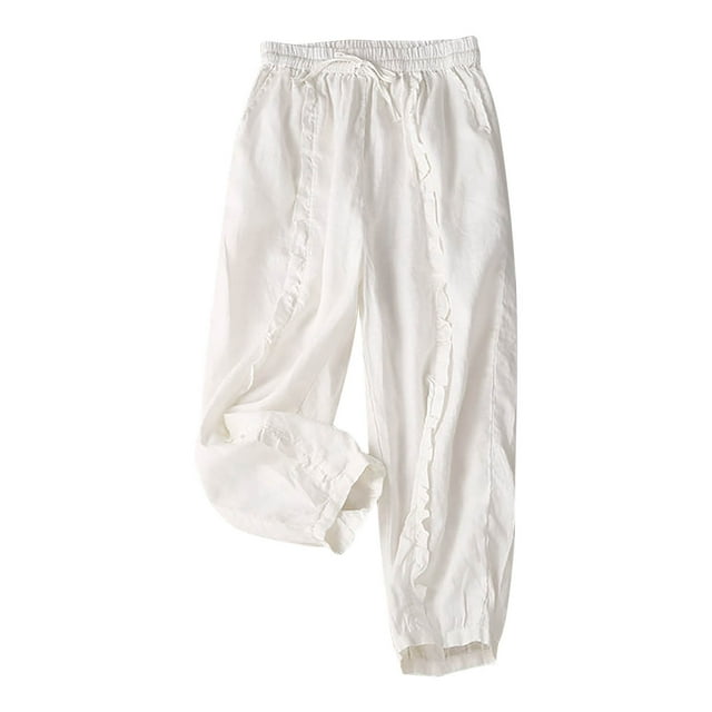 Cotton Linen Pants Womens Casual Summer Drawstring Elastic High Waist