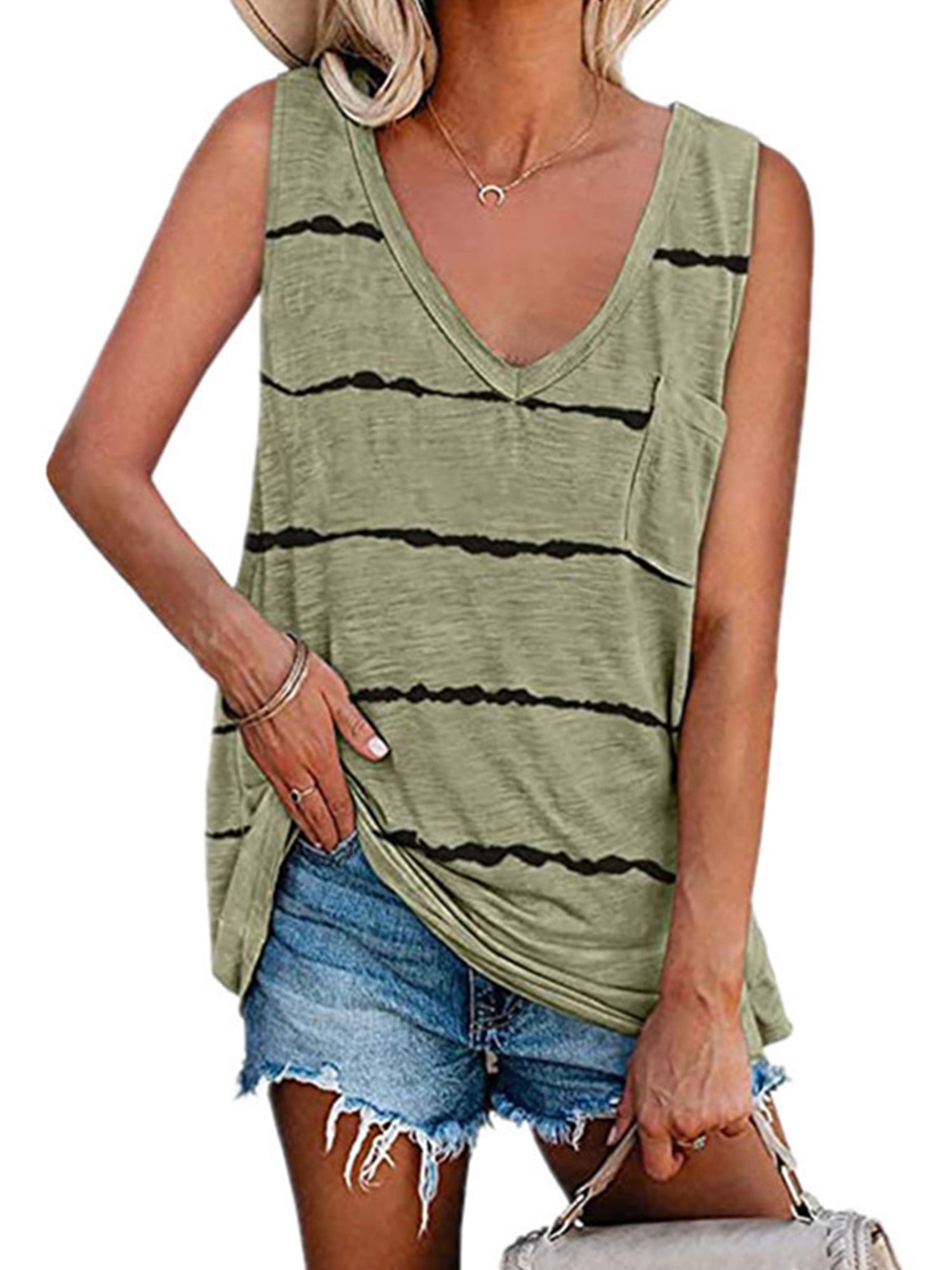 Stripe Printed Tank Tops Women Casual Sleeveless T-Shirts Summer Camis ...