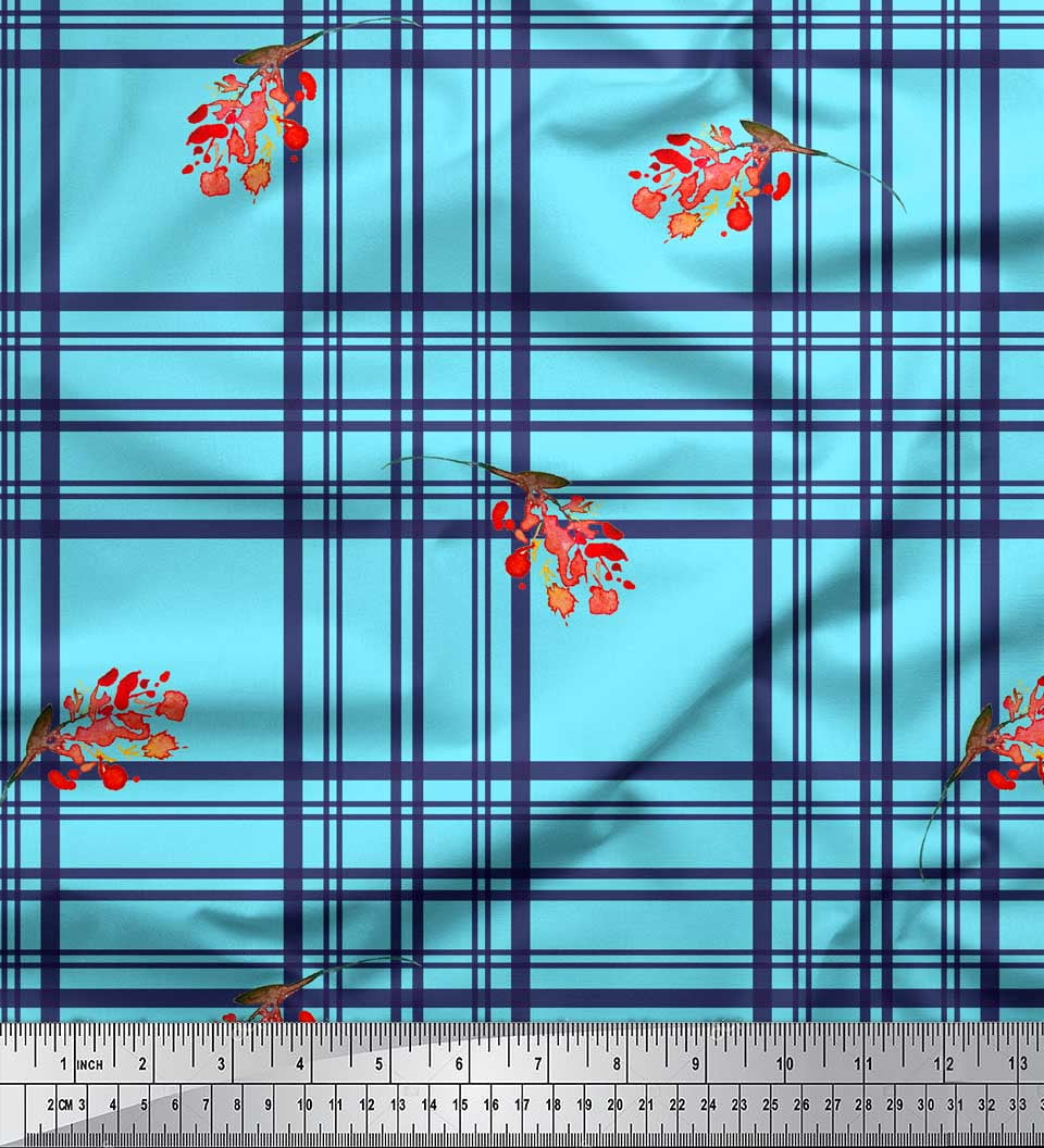Soimoi Blue Velvet Fabric Watercolor Flower & Check Print Fabric by the ...