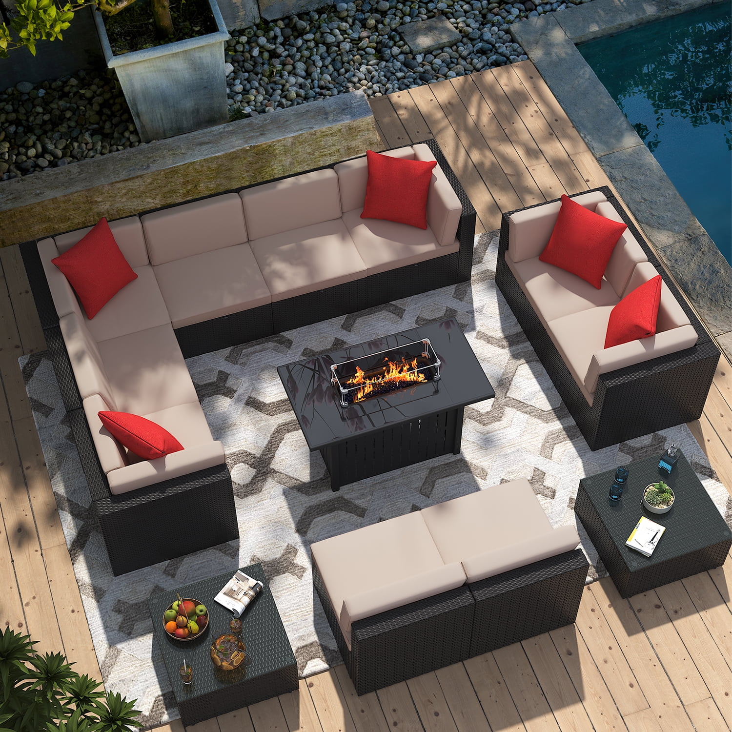 Devoko Exclusive 13 Pieces Fire Pit Seating, Outdoor Sectional Rattan ...