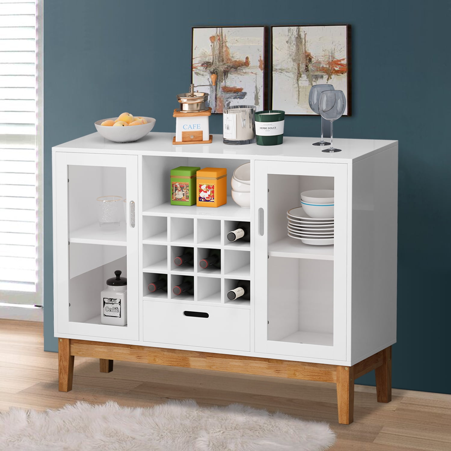 White Kitchen Buffet Cabinet, Wood Sideboard Storage Cabinet with ...
