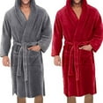 comerut Solid Color Belt Flannel Bath Robe Hooded Pockets Warm Men ...