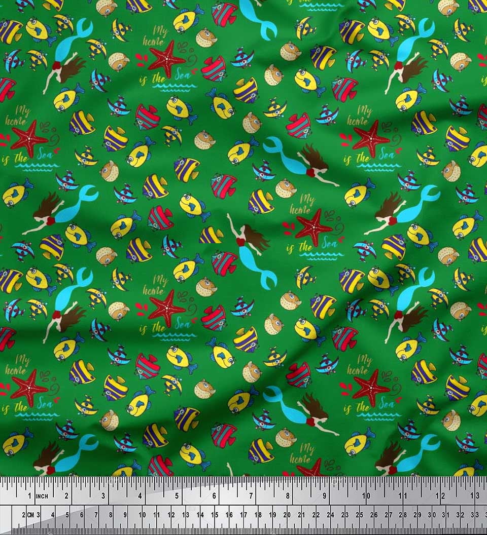 Soimoi Viscose Chiffon Fabric Fish,Mermaid & Starfish Ocean Print ...