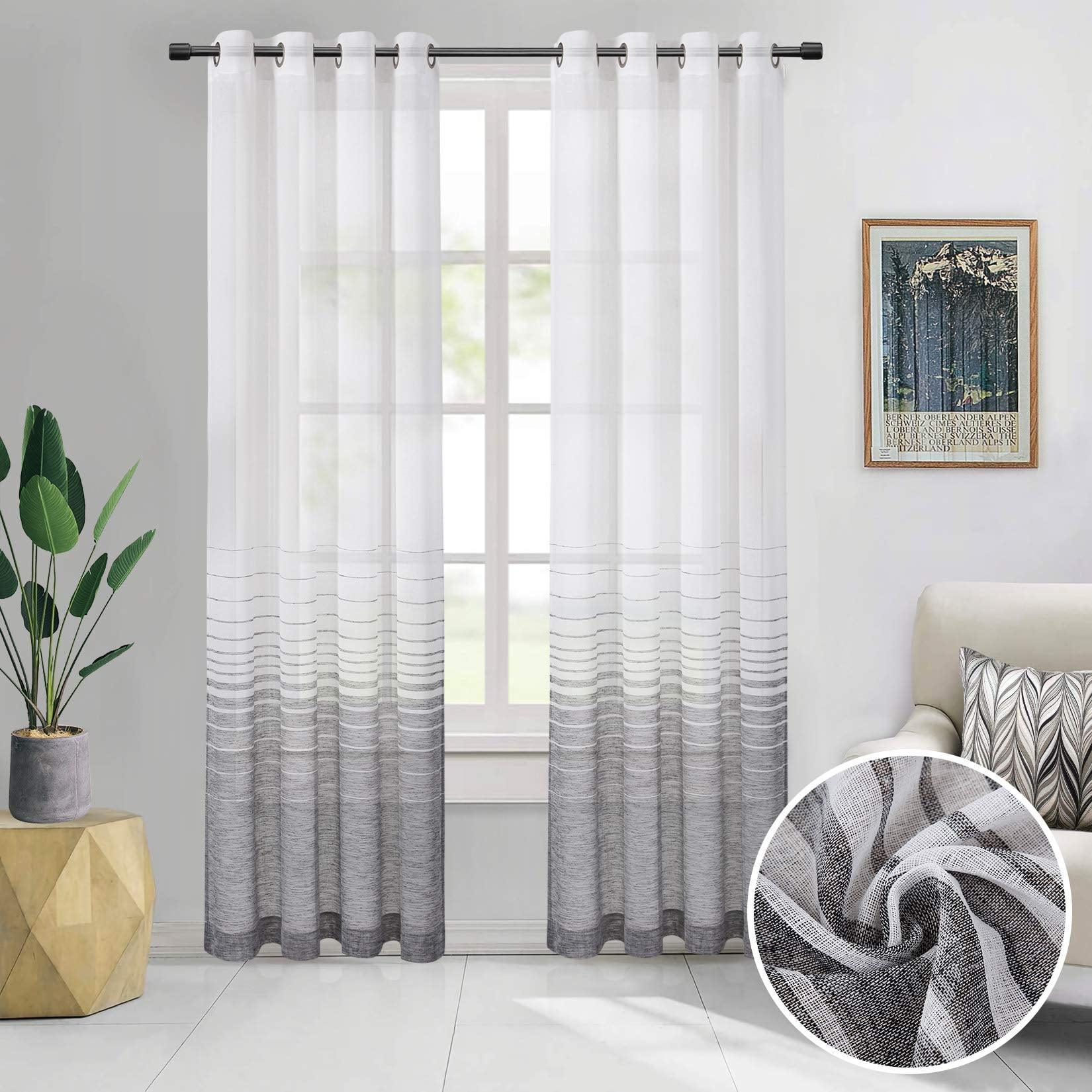Stripe Sheer Curtains Window Treatment Semi Transparent Voile Curtains ...