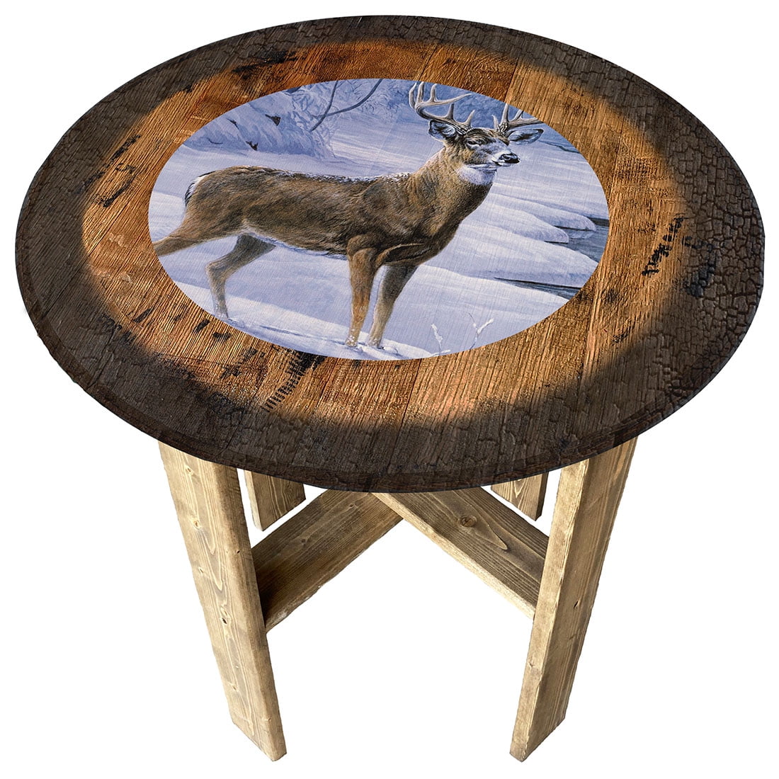 Whitetail Deer Winter Pub Gift Farmhouse Rustic Round Whiskey Barrel ...