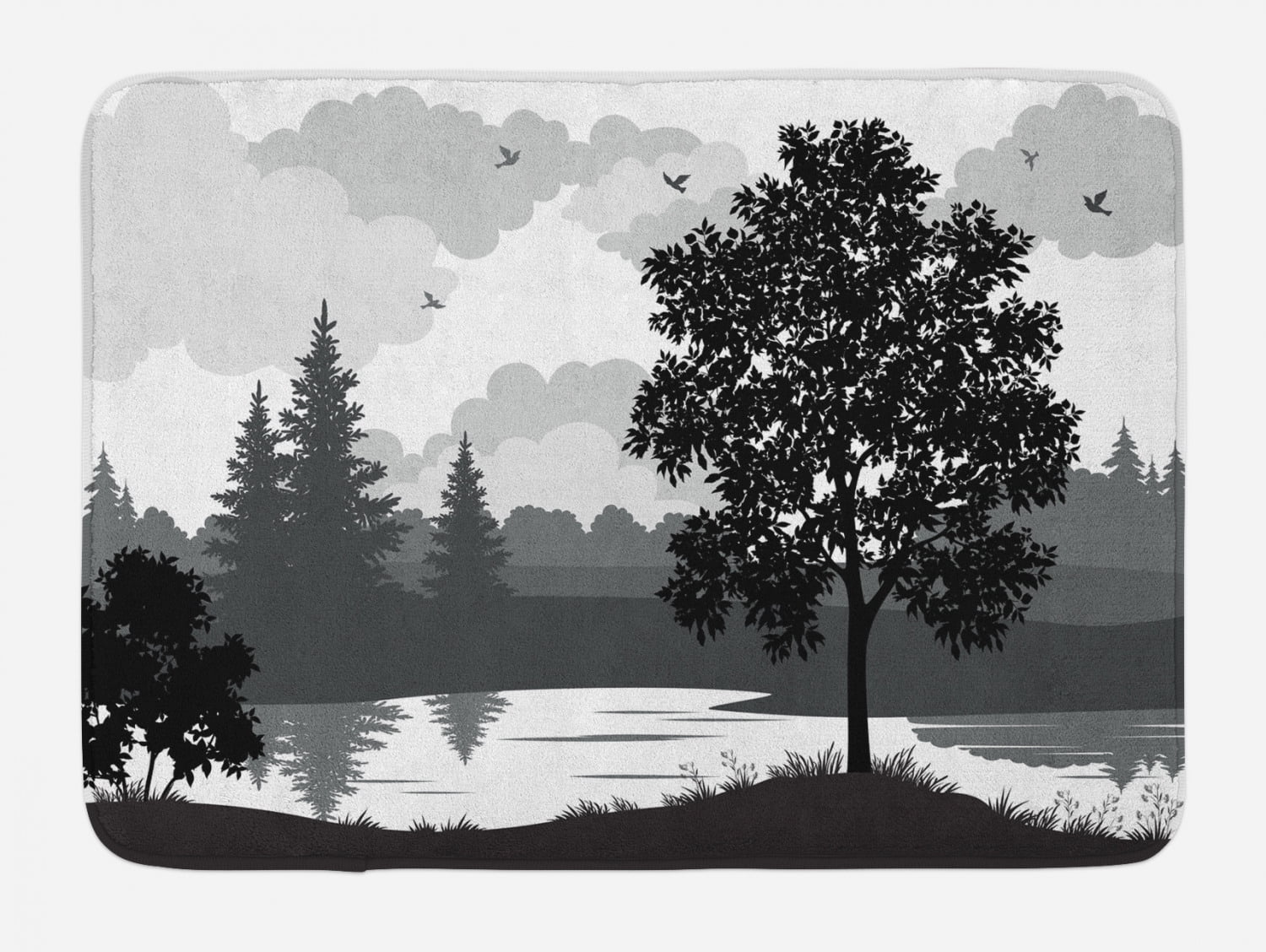 Nature Bath Mat, Nature Theme Landscape with Trees Birds Cloudy Sky and ...