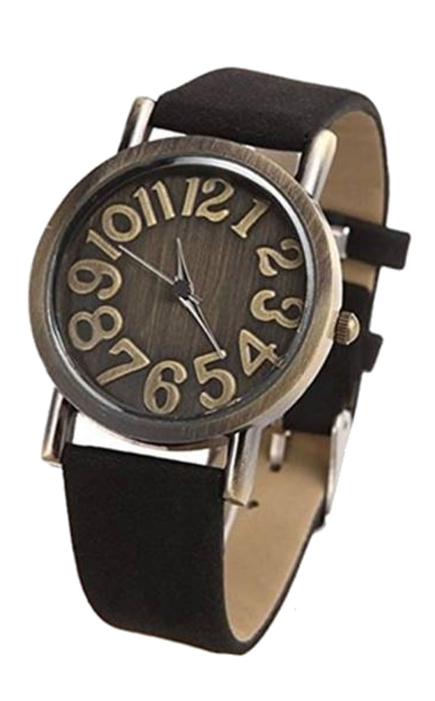 Antique Style Watch with Raised Numbers on Dial Black Band Watch:122 ...