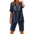 Cutuoiiu Womens Embroidery Linen Blend Two Piece Set V Neck Button Down ...