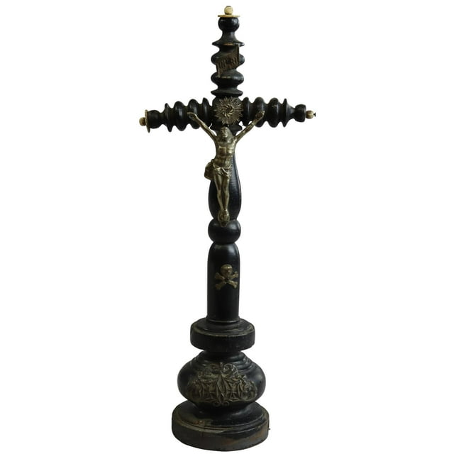 Crucifix Religious Skull Crossbones Jesus Black Wood Silver Metal ...