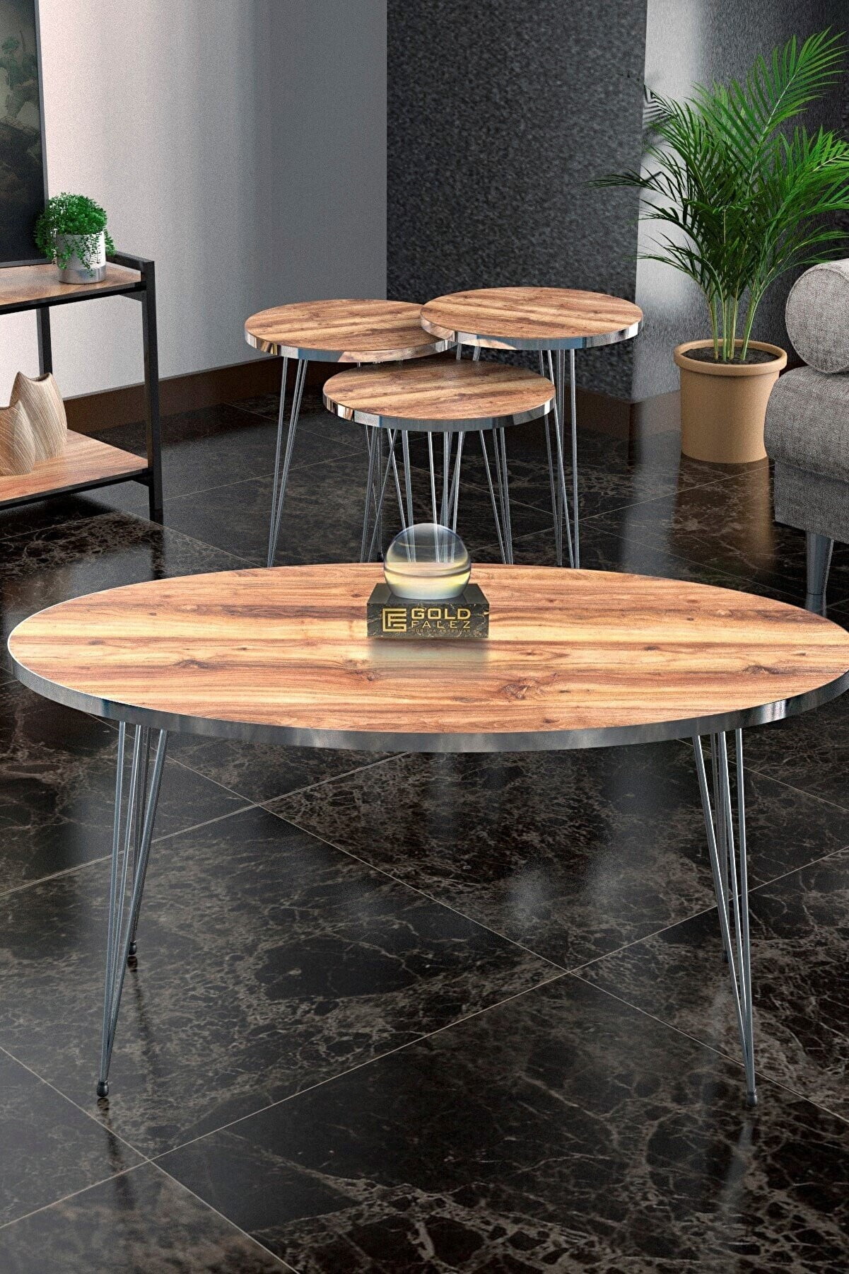 Walnut Oval Coffee Table Set with 4 PCS,Set With 3 Modern Round Nesting ...