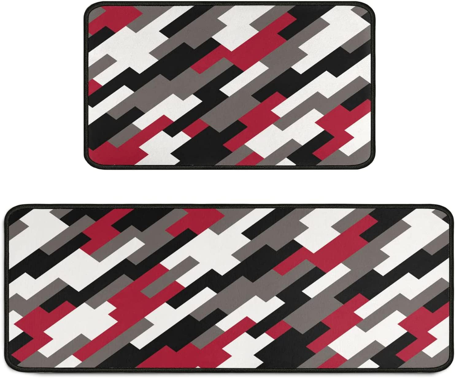 Red Kitchen Rugs Mat Set of 2 Geometric Camouflage Black and White ...