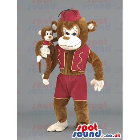 Brown monkey SPOTSOUND Mascot with a maroon cap with the baby monkey - Animal mascots-Mascots ...