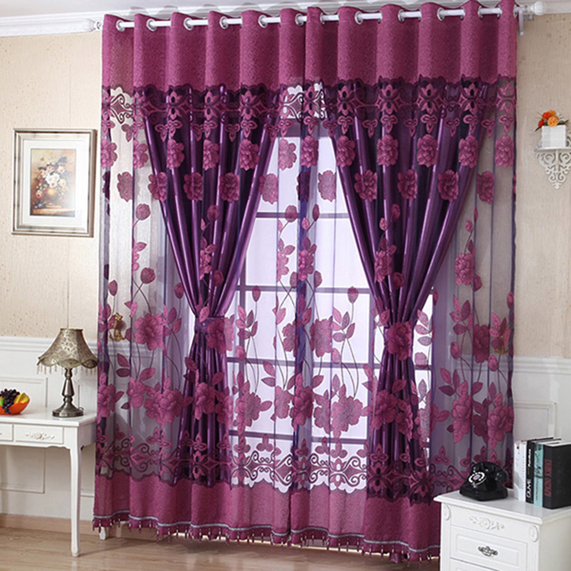 Tinglu Tulle Curtains Voile Window Screening Valance with Flower ...