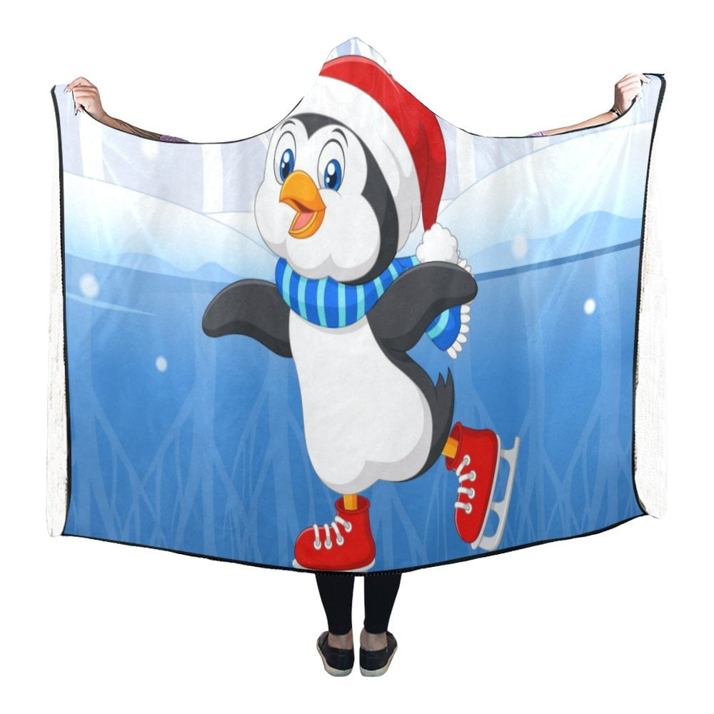 ASHLEIGH Hooded Throw Wrap Cute Penguin Ice Skating Wearable Blanket ...