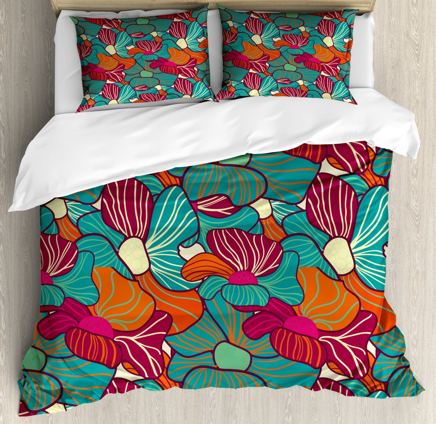 Floral King Size Duvet Cover Set, Flourishing Foliage Petals Plant ...