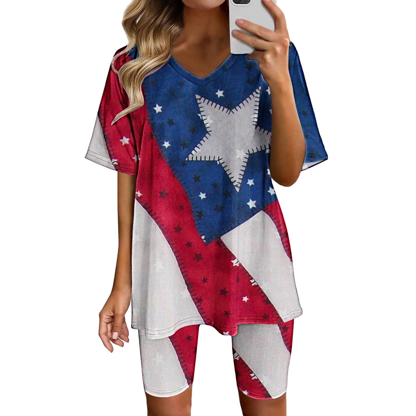 2 Piece Beach Outfits for Women Plus Size Short Sleeve V-neck Tops ...