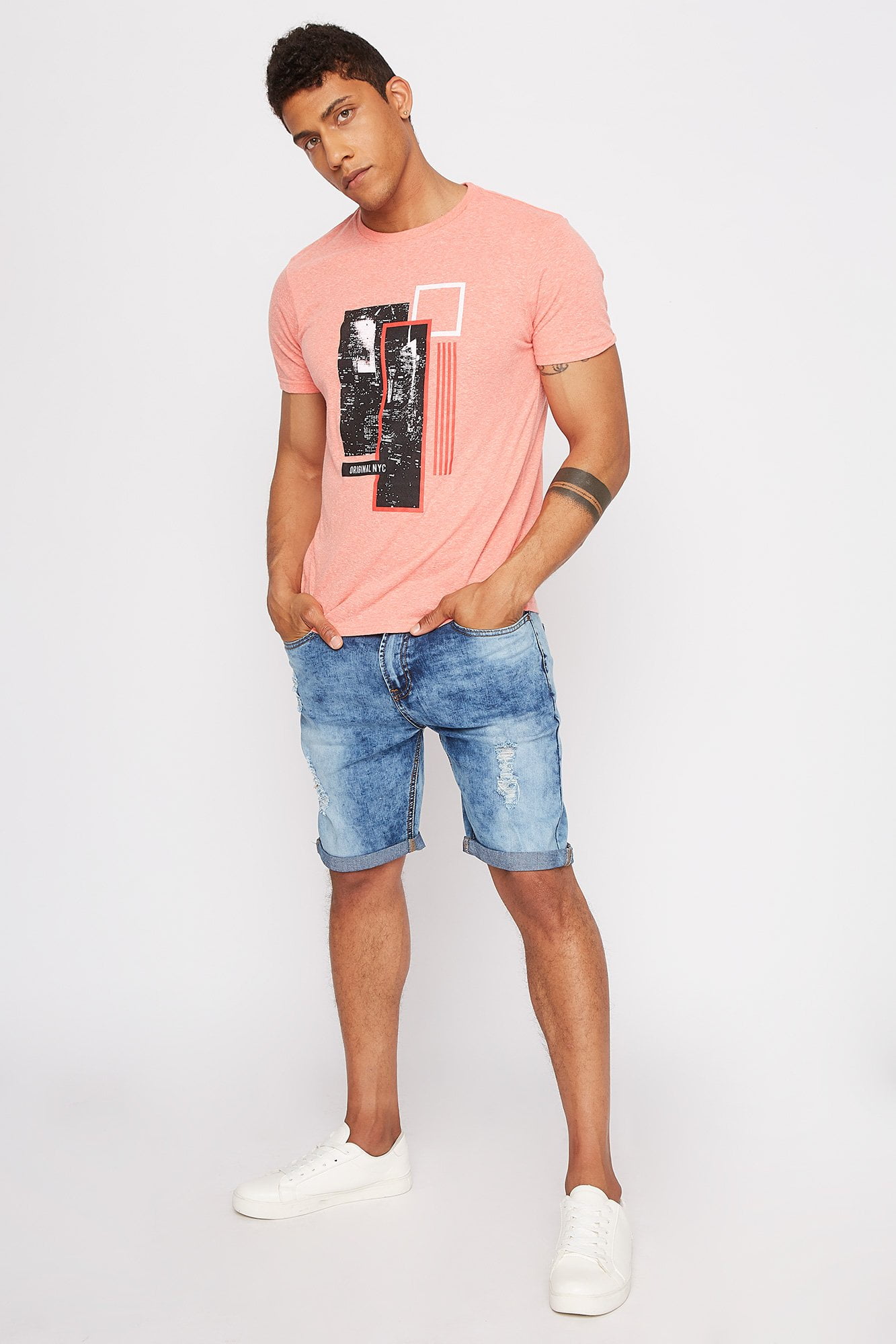 Urban Planet Men's Medium Wash Distressed Roll Up Slim Stretch Denim ...