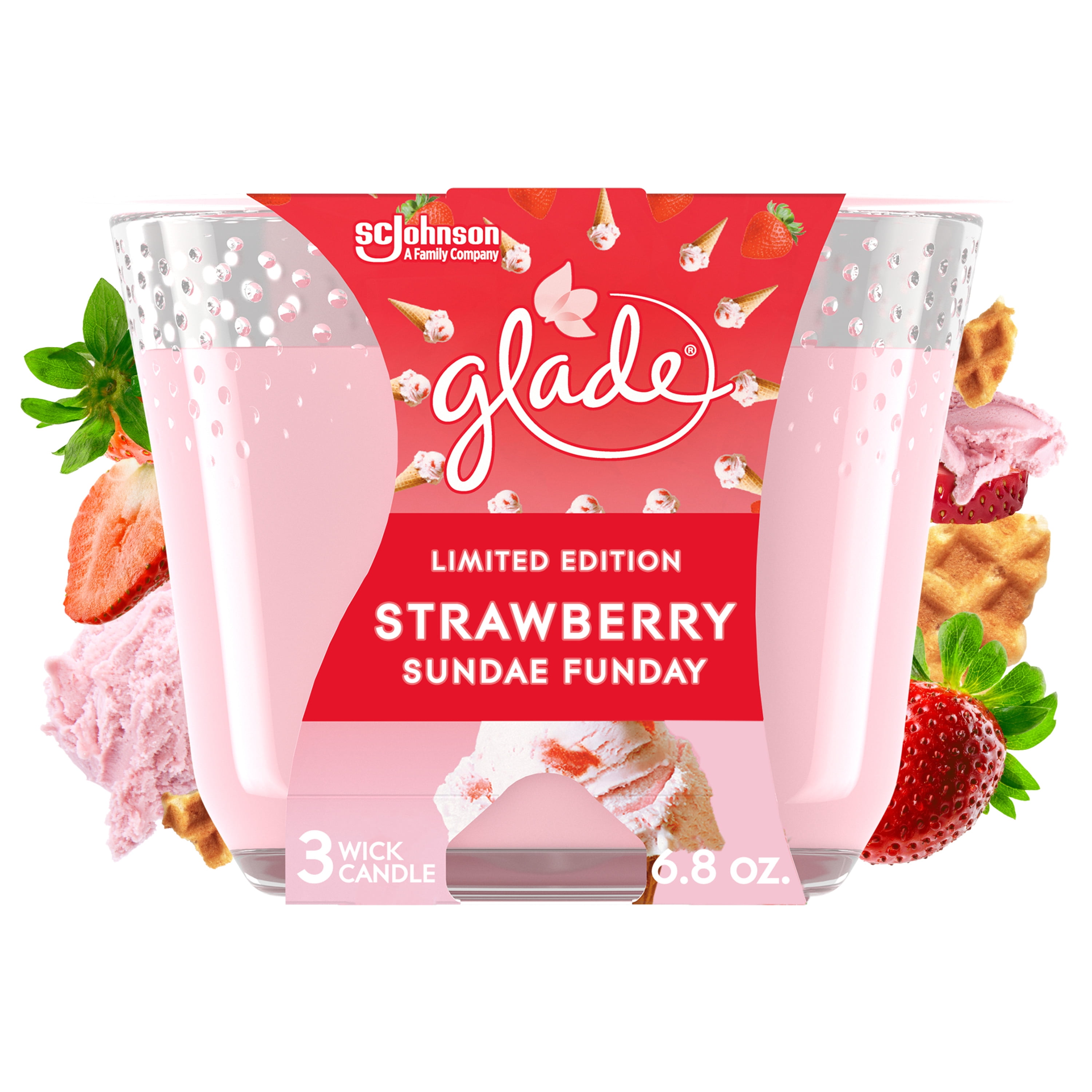 Glade Scented Candle Jar, 3-Wick Candle, Strawberry Sundae Funday Scent ...