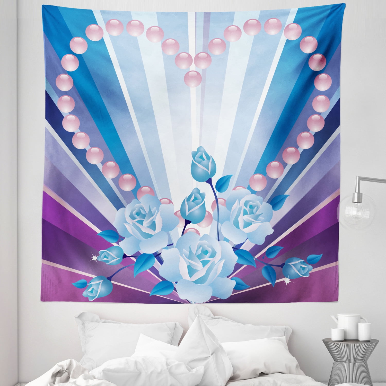 Bridal Tapestry, Valentine's Day Theme Art Roses Heart on Striped ...