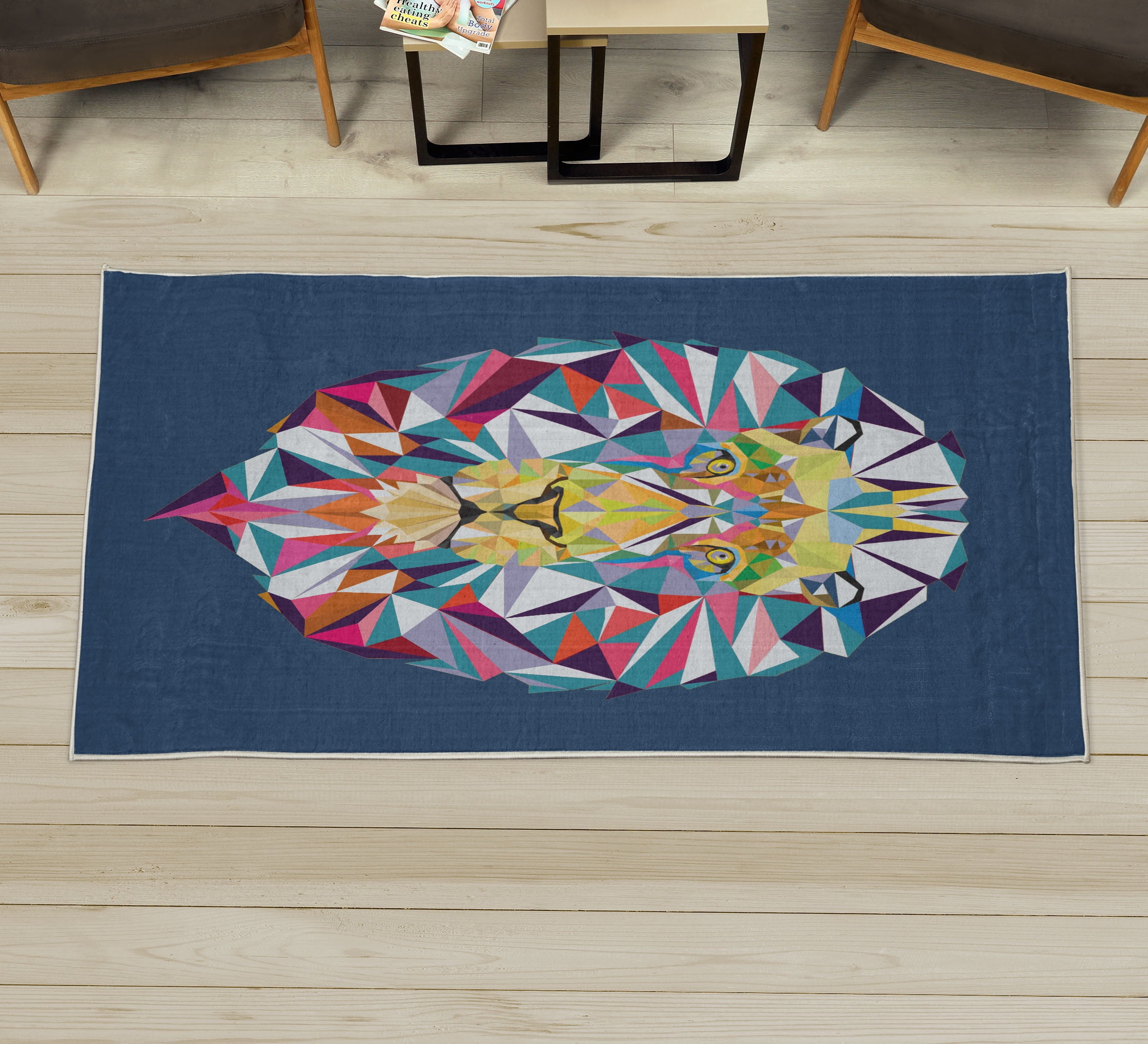 Zoo Decorative Rug, Colorful Animals Geometric Diamond Face Lions Mane ...