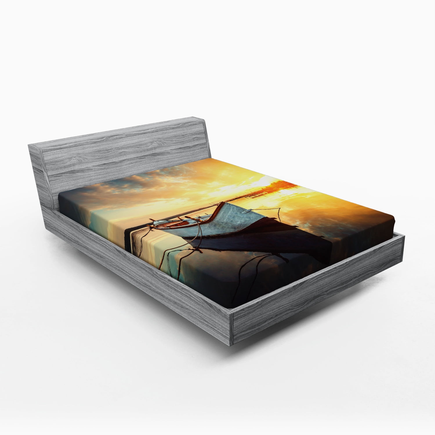 Lake House Fitted Sheet, Small Boat on the Water with Horizon and ...