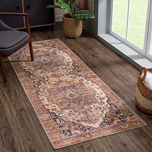 Washable 10 Feet Runner - Beige/Terracotta, Distressed Runner For ...