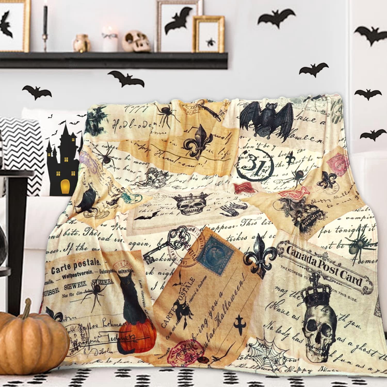 Halloween Blanket Haunted Throw Pumpkin Ghost Spooky Spider Webs Bat ...