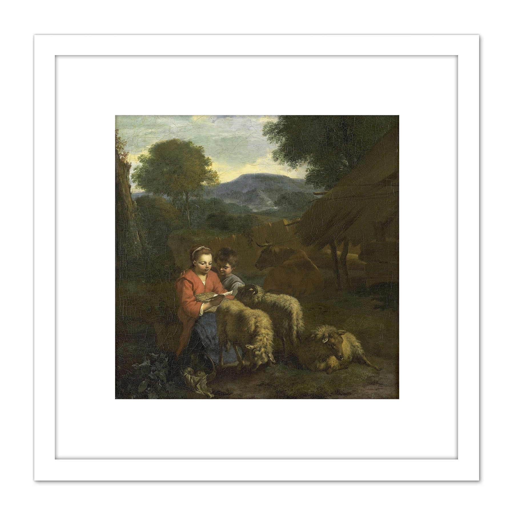Van Der Does Shepherdess Reading Child Sheep 8X8 Inch Square Wooden ...