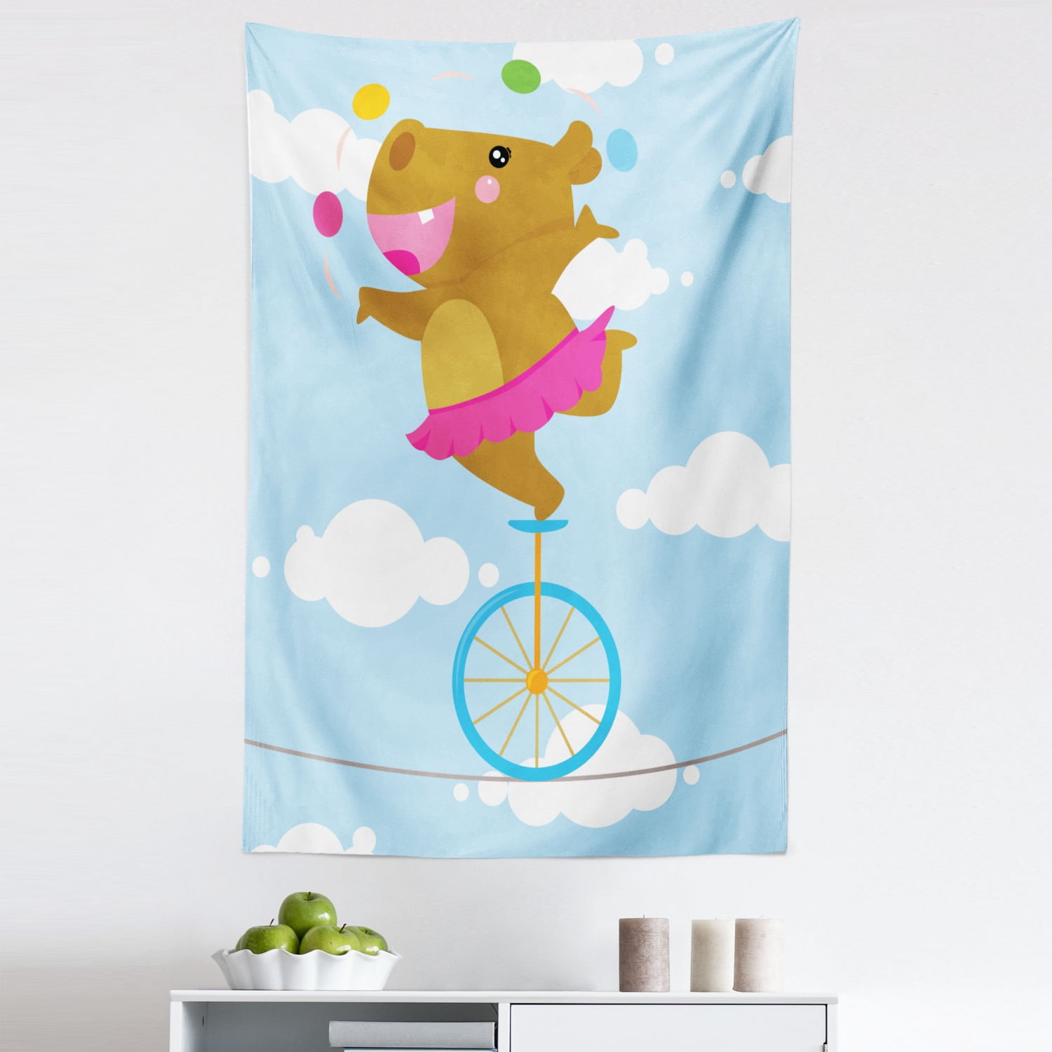 Circus Tapestry, Happy Balerina Hippo Juggling on Tightrope with Wheel ...