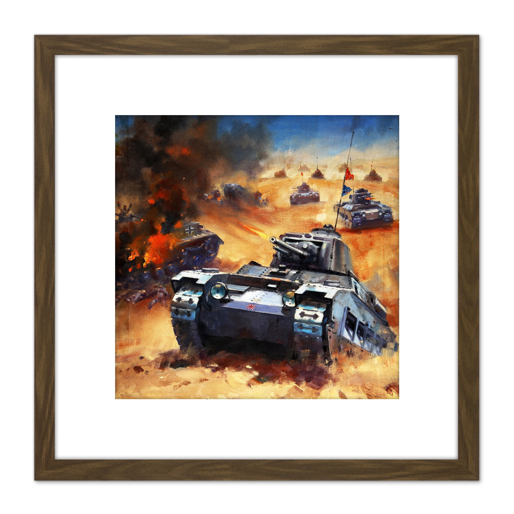 Krogman War WWII UK Desert Tank Battle Painting 8X8 Inch Square Wooden Framed Wall Art Print ...
