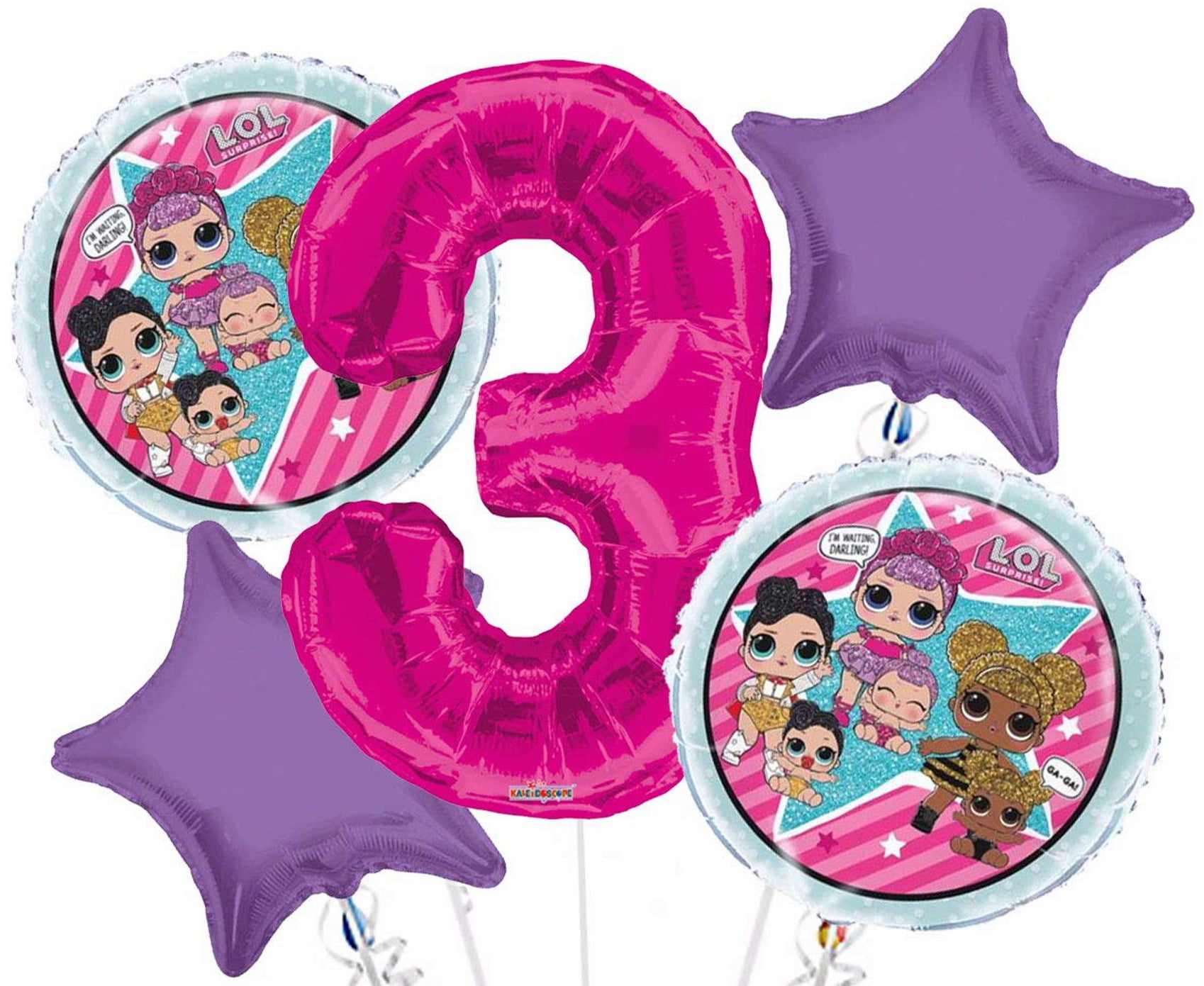LOL Round Balloon Bouquet 5 pc, 3rd Birthday, Hot Pink Number 3 Jumbo ...