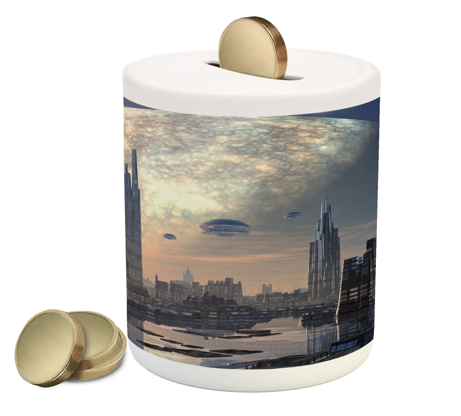 City Piggy Bank, Spacecraft in Formation Futuristic Alien City on Water ...