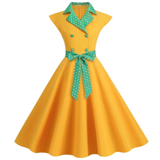Fashion Womens A Line Flare Vintage Dress Bowknot Prom Turndown Collar ...