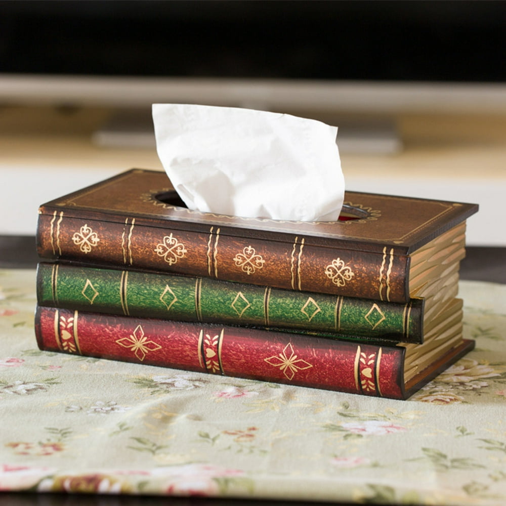 Bueautybox Retro Rectangle Top Wooden Antique Book Tissue Paper Box ...