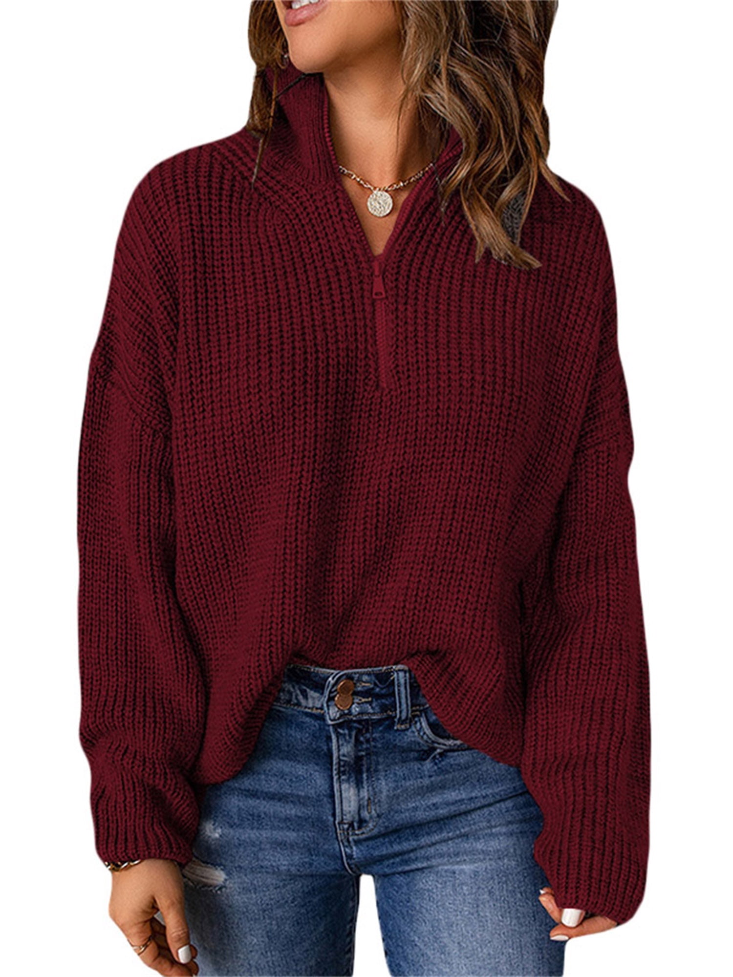 Liacowi Women Long Sleeve 1/4 Zip Pullover Sweaters Waffle Kint ...