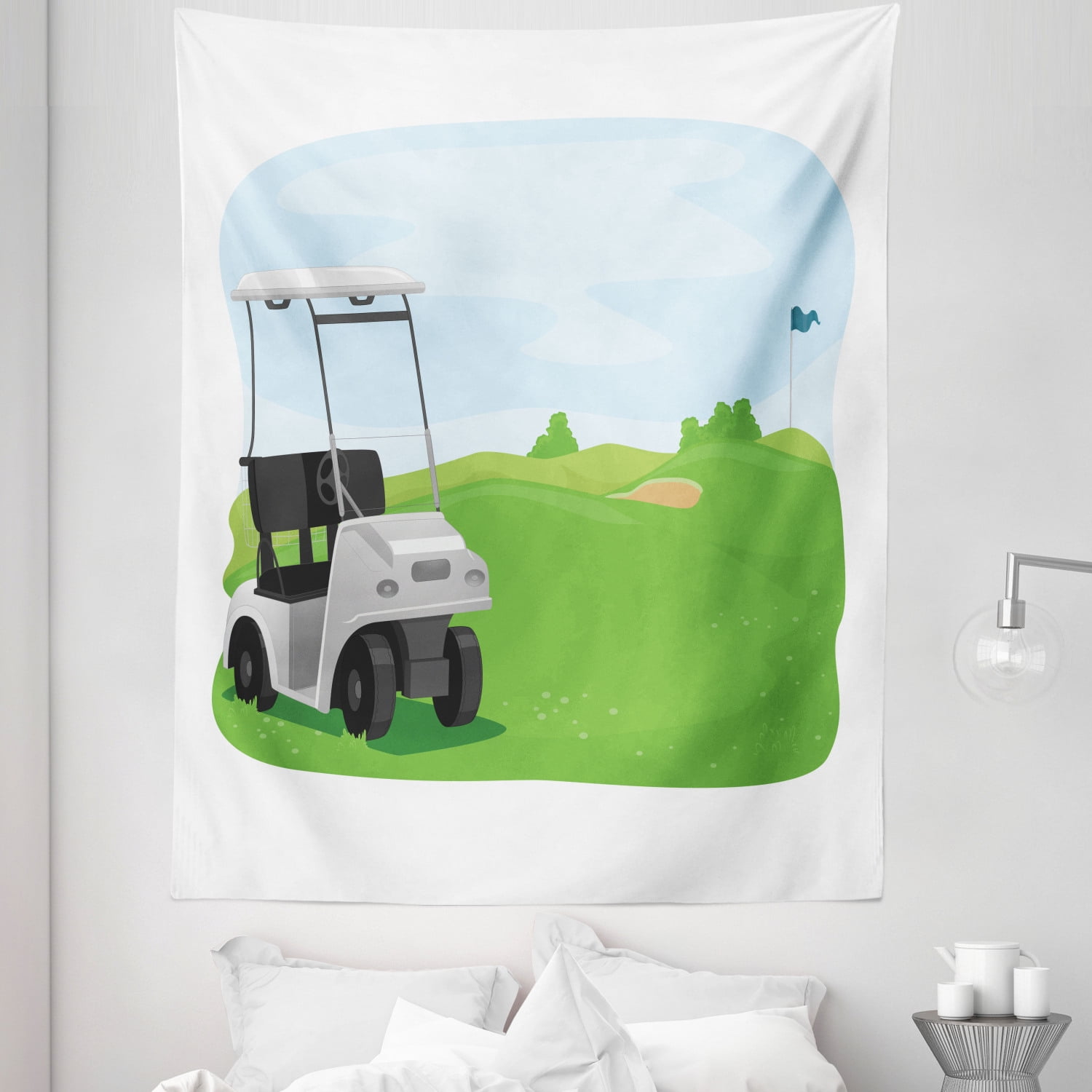 Golf Course Scene Tapestry, Cartoon Style Graphic Image of a Car and a ...