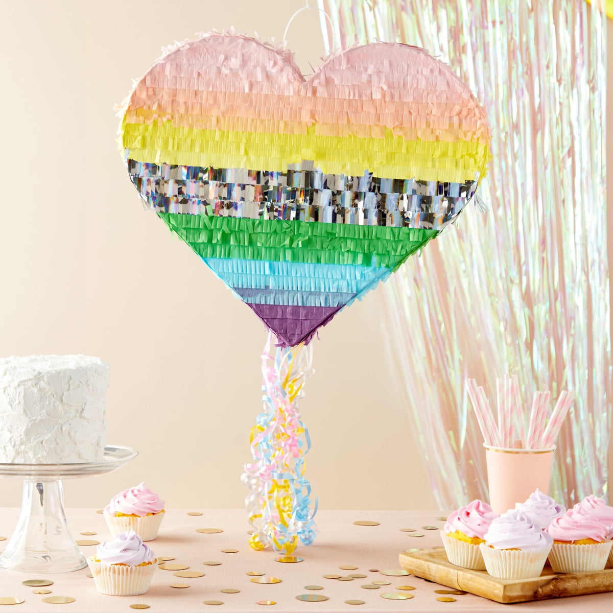 Small Pastel Heart Pull String Pinata for Kids Rainbow Birthday ...