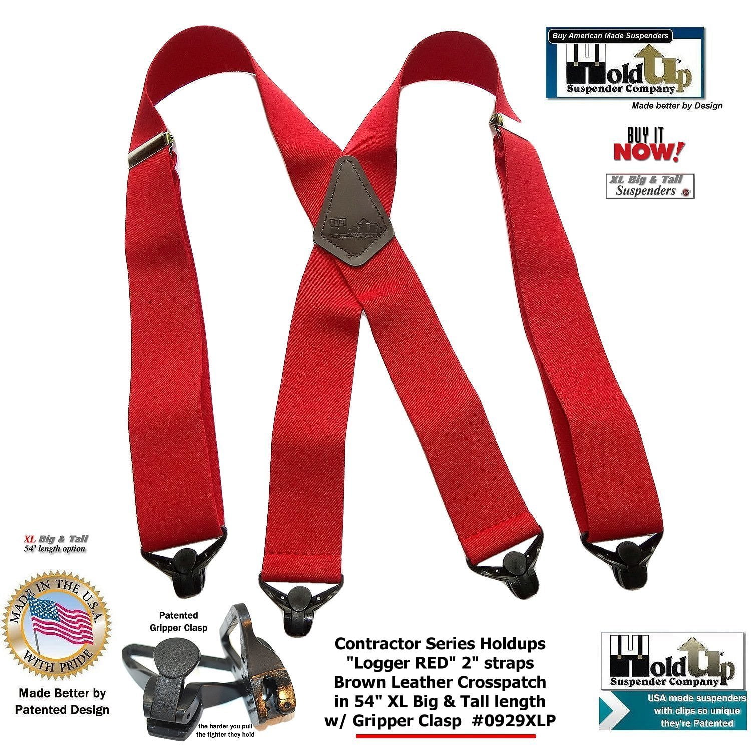 Extra Long XL Logger RED Holdup work Suspenders with Patented Gripper ...